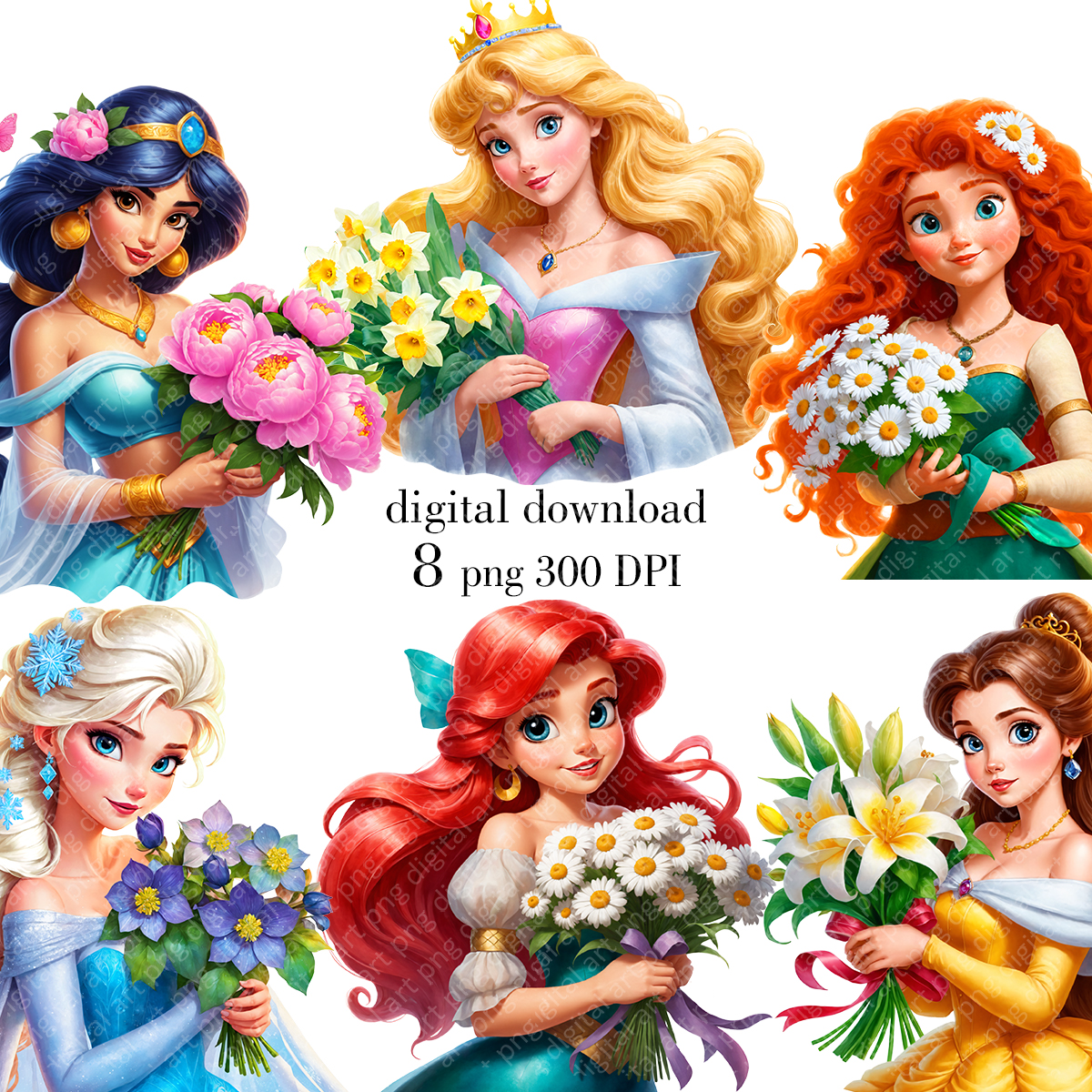 Princesses with flowers, Ariel, Jasmine, Aurora, Princess Sublimation ...